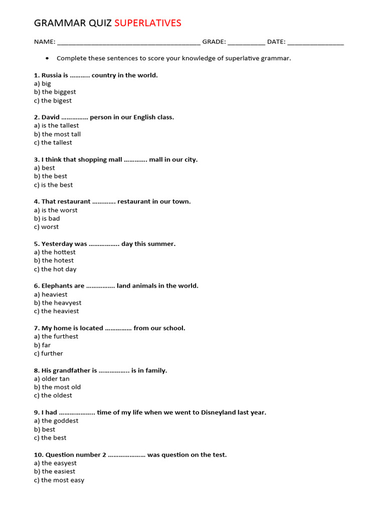 Grammar Quiz Superlatives | PDF | Sports & Recreation | Teaching ...