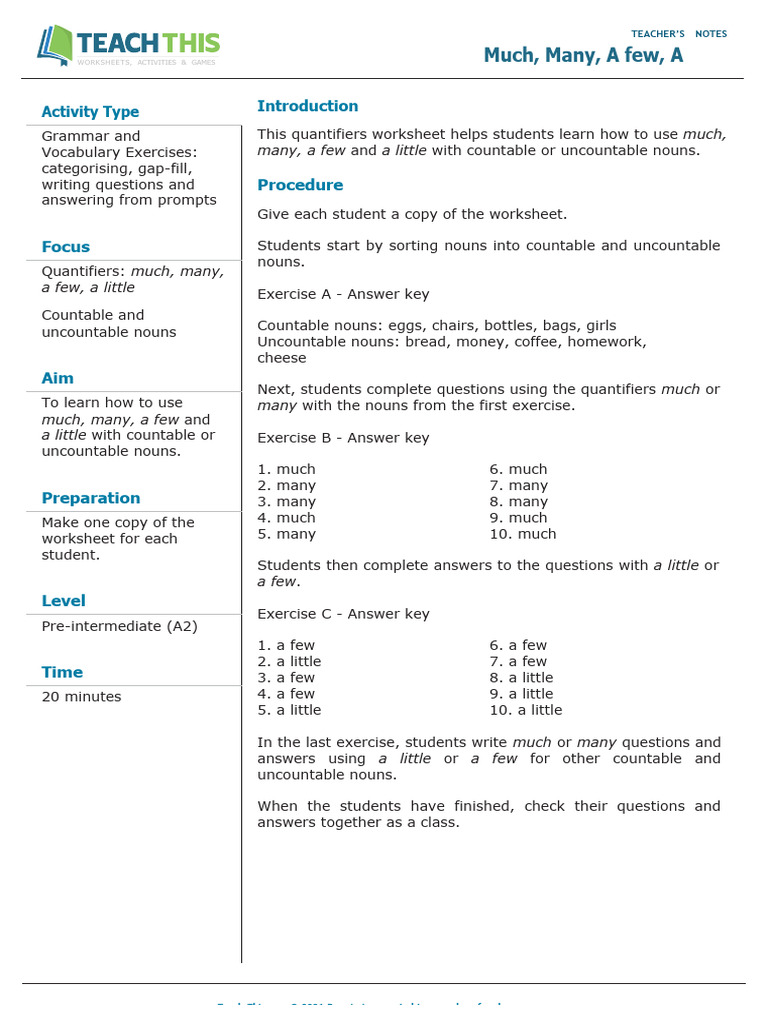much-many-a-few-a-little-worksheet | PDF | Noun | Linguistic Typology