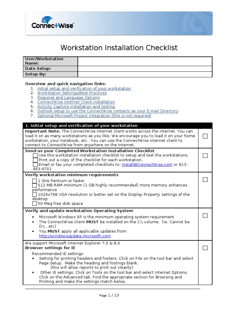 Workstation Installation Checklist | Microsoft Outlook | Email