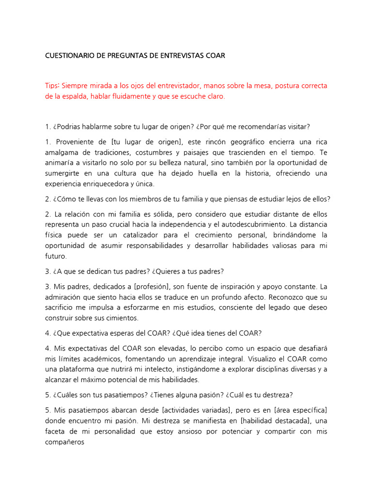 Preguntas Entrevistas Coar | PDF | Las emociones