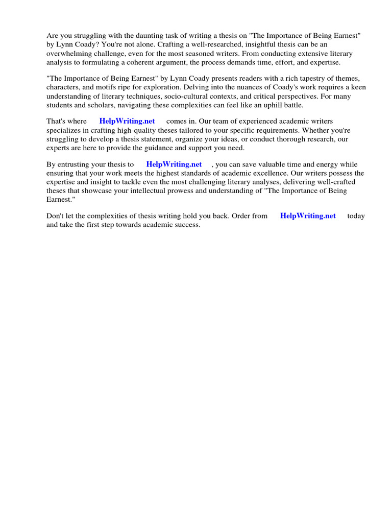 The Importance of Being Earnest by Lynn Coady Thesis | PDF | The ...