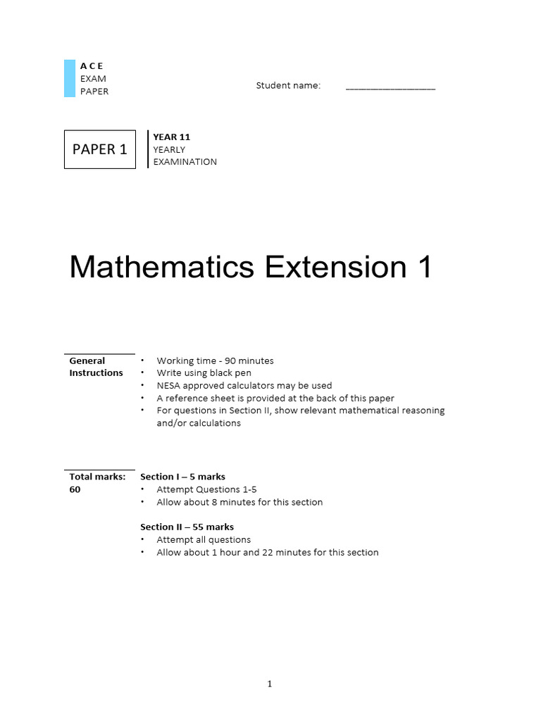 Ace Paper 1 - Mathematics Extension 1 | PDF | Function (Mathematics) | Equations