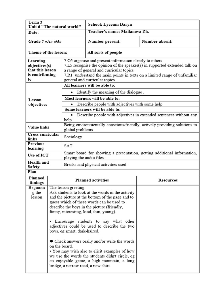 Lesson Plan: Describing People with Adjectives | PDF | Learning ...