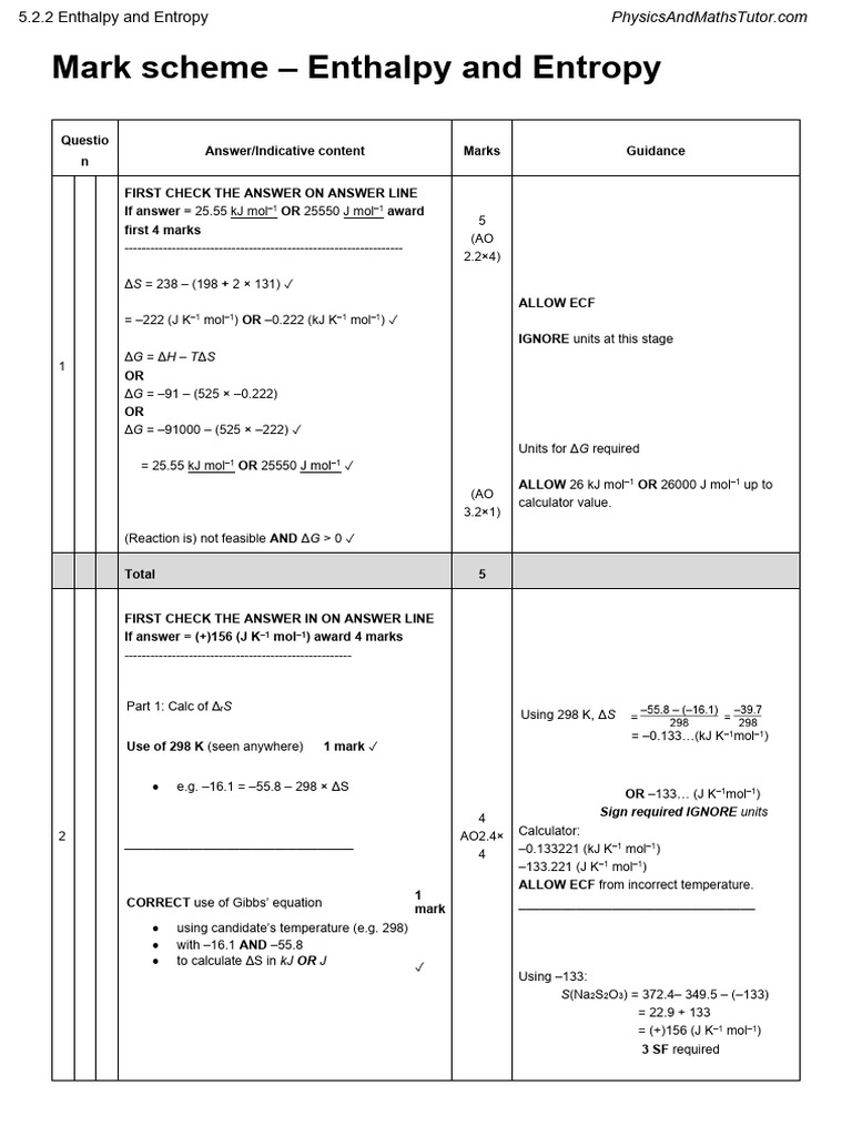 Enthalpy and Entropy Mark Scheme | PDF | Gibbs Free Energy | Gases