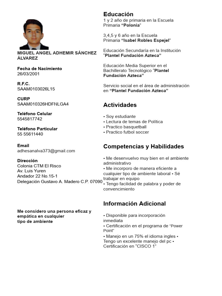 CURRICULUM MIGUEL ANGEL ADHEMIR SANCHEZ ALVAREZ-4 - Documentos de Google | PDF