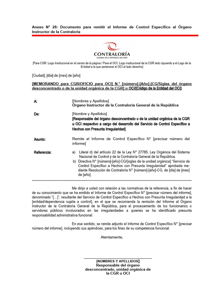 Anexo #28 - Documento para Remitir El Informe de Control Específico Al Órgano Instructor de La ...
