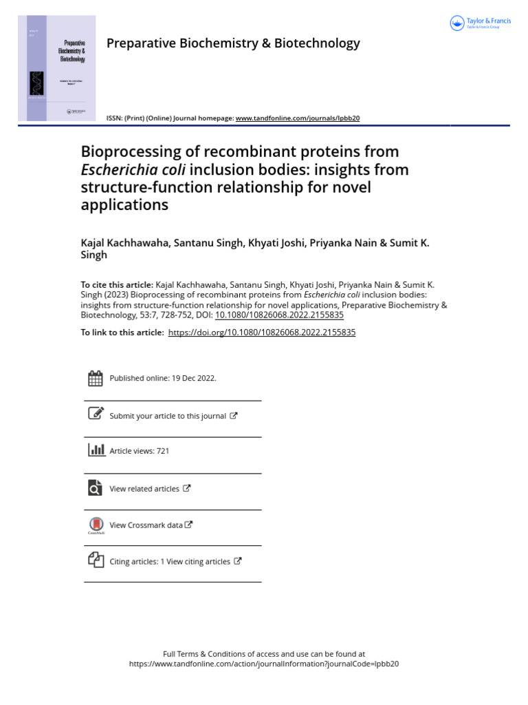 Bioprocessing of Recombinant Proteins From Escherichia Coli Inclusion ...