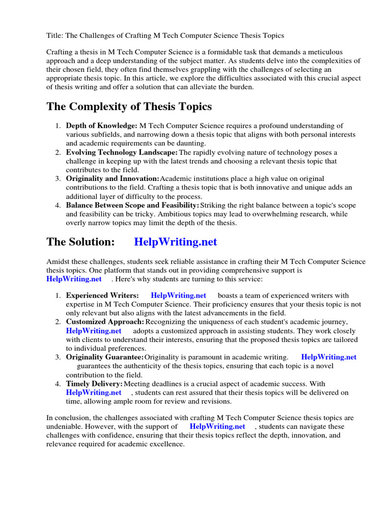 Thesis Topics For M Tech Computer Science | PDF | Thesis | Artificial ...