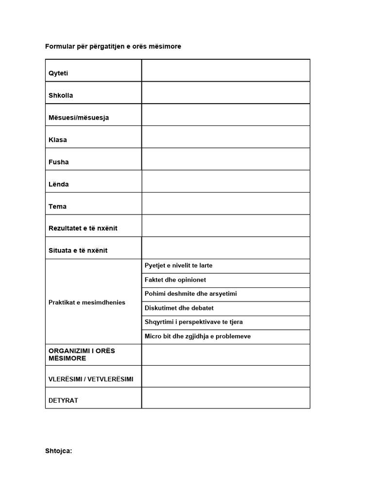 Formular Per Pergatitjen e Ores Mesimore Final 2 | PDF