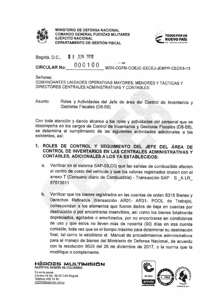 Circular 000100 Roles y Actividades Del Area Del Control de Inventarios y Gestores Fiscales D8 y ...