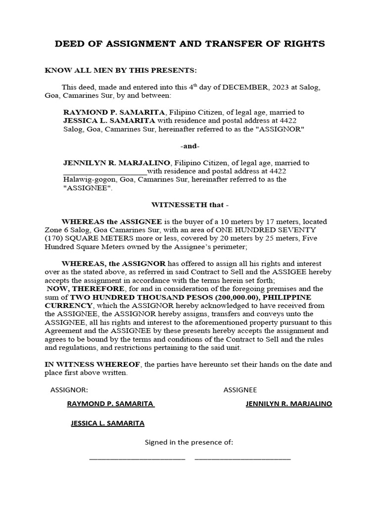 Deed of Assignment for Property Rights | PDF | Assignment (Law) | Property Law