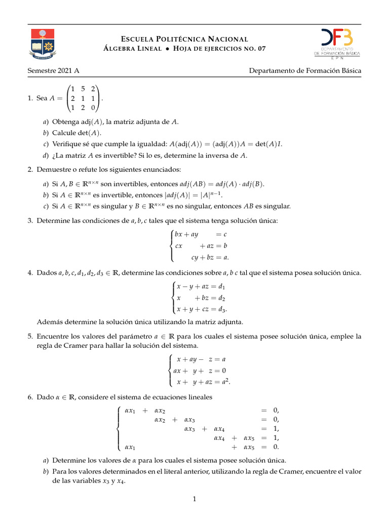 Scuela Olitécnica Acional: Lgebra Ineal Oja de Ejercicios No | PDF | Espacio vectorial ...