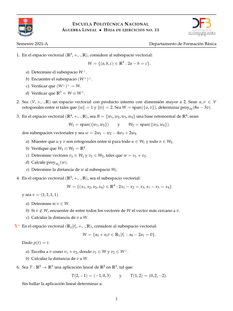 Scuela Olitécnica Acional: Lgebra Ineal Oja de Ejercicios No | PDF | Mapa lineal | Espacio vectorial