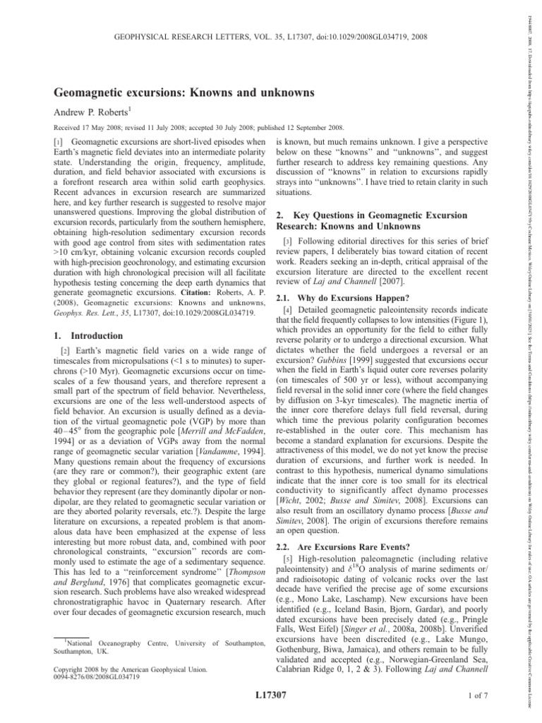 Geophysical Research Letters - 2008 - Roberts - Geomagnetic excursions Knowns and unknowns | PDF ...