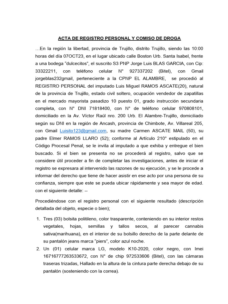 Acta de Registro Personal y Comiso de Droga | PDF