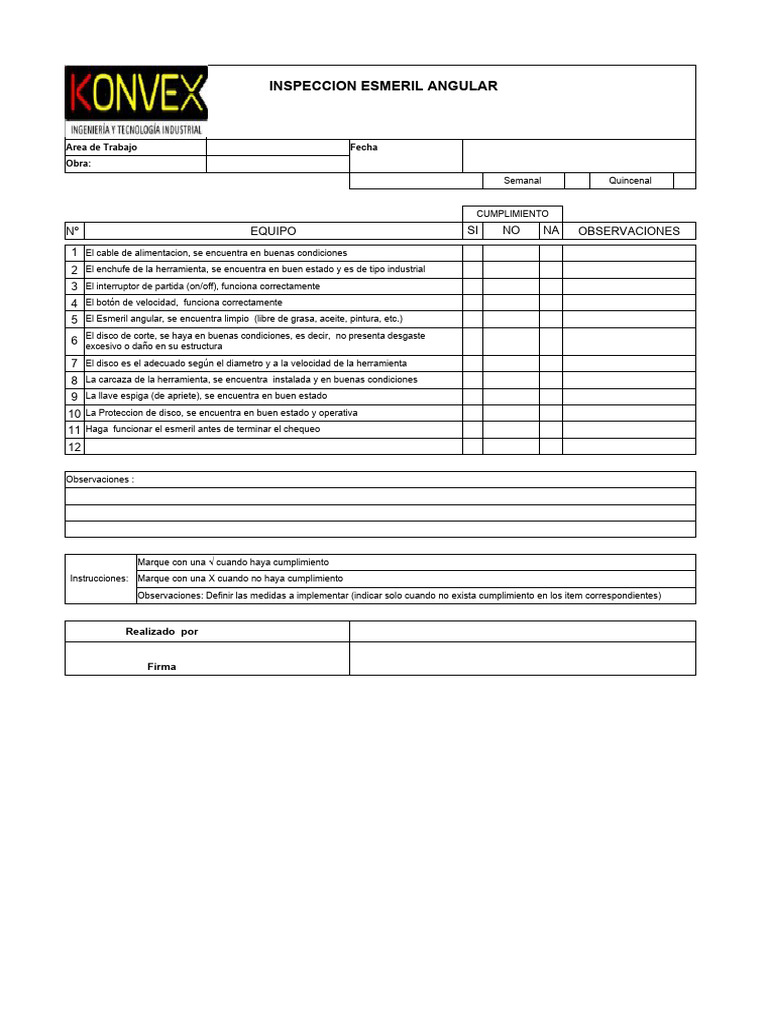 Inspección de Esmeril Angular: Checklist | PDF