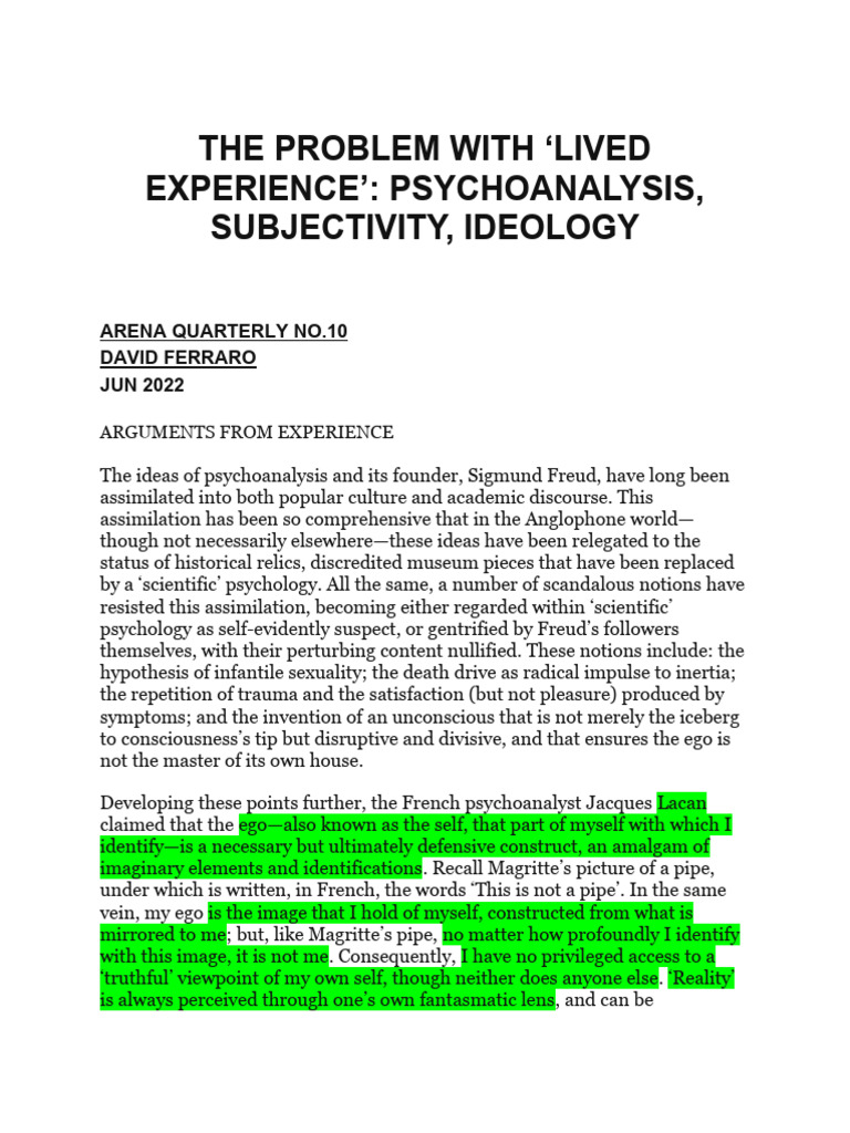 Ferraro, D. 2022 - The Problem With Lived Experience. Arena Quarterly (Australia) | PDF ...