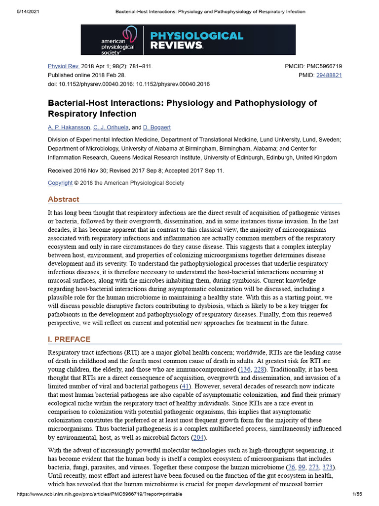 Bacterial-Host Interactions - Physiology and Pathophysiology of Respiratory Infection | PDF ...