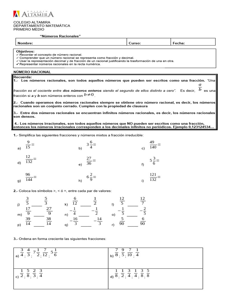 Guia Fracciones-Decimales Primero-medio | PDF | Número racional | Números