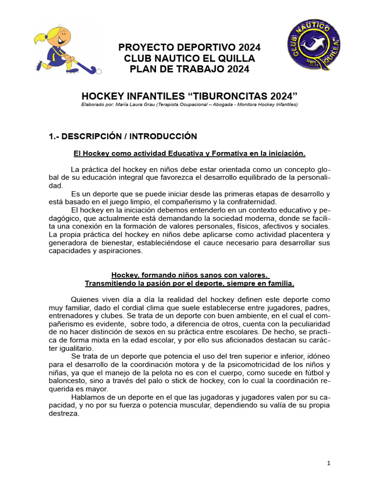PROYECTO DEPORTIVO HOCKEY INFANTIL 2024 LAURA GRAU | PDF | Deportes ...
