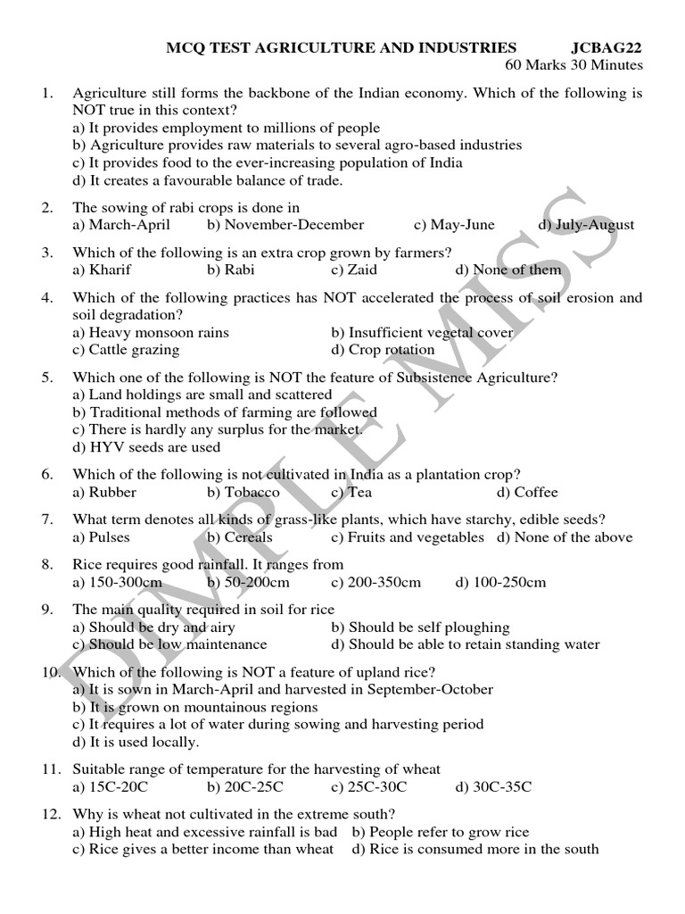 MCQ Test Agriculture and Industries | Download Free PDF | Sugarcane ...
