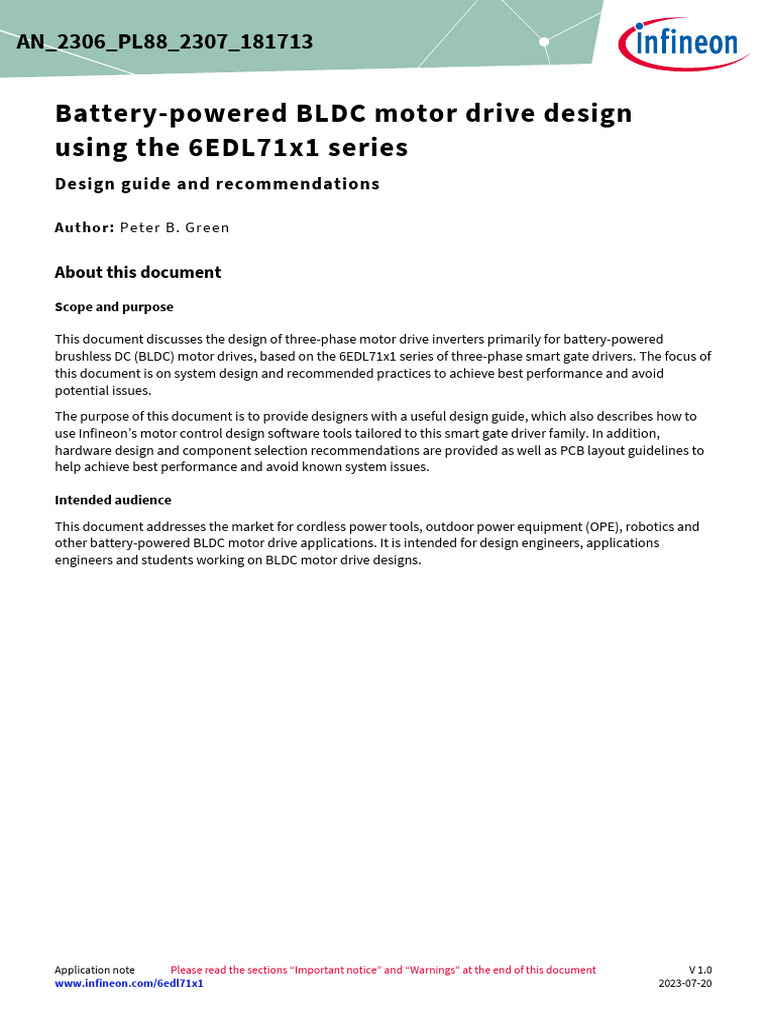Infineon-AN 2306 PL88 2307 181713 Battery Powered BLDC Motor Drive Design Using The 6EDL71x1 ...