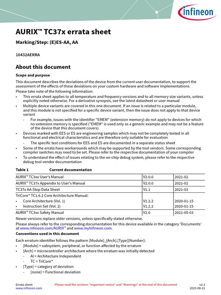 Infineon AURIX - TC37x - AA Step ErrataSheet v02 - 01 EN | PDF | Random Access Memory | Electronics