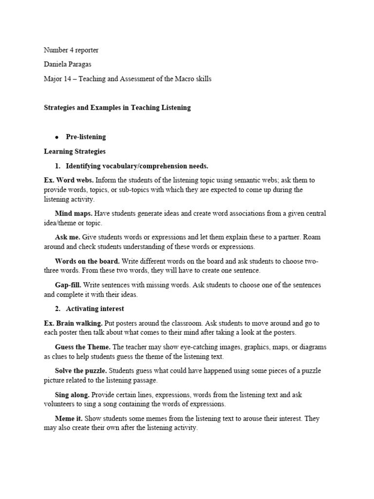 Strategies and Examples in Teaching Listening | PDF | Cognition ...