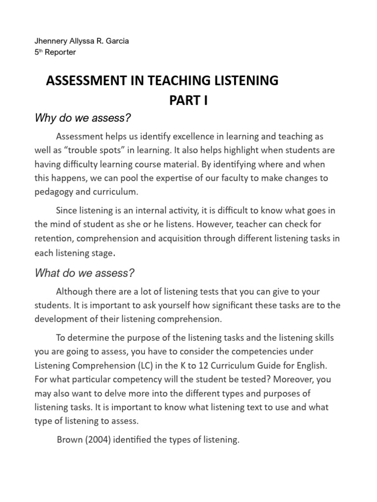 Assessment-in-Teaching-Listening Major 14 | PDF | Reading Comprehension ...