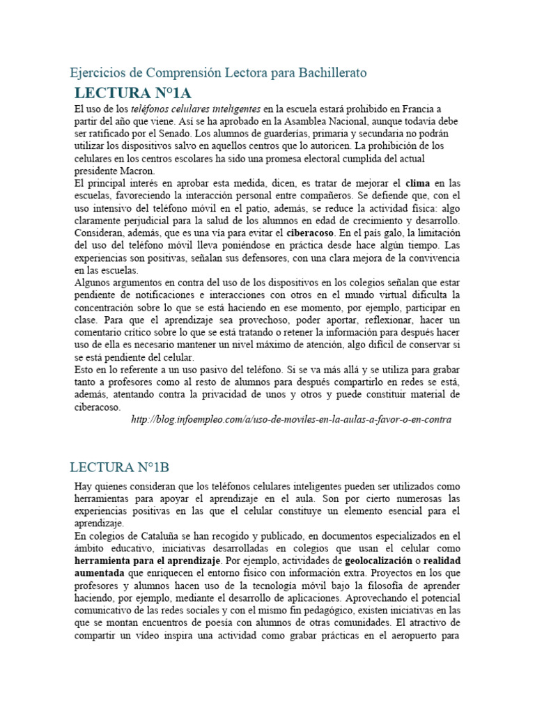 Ejercicios de Comprensión Lectora Para Bachilleratos | PDF | Teléfonos móviles | Crianza selectiva