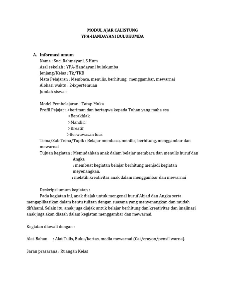 Modul Ajar Calistung | PDF