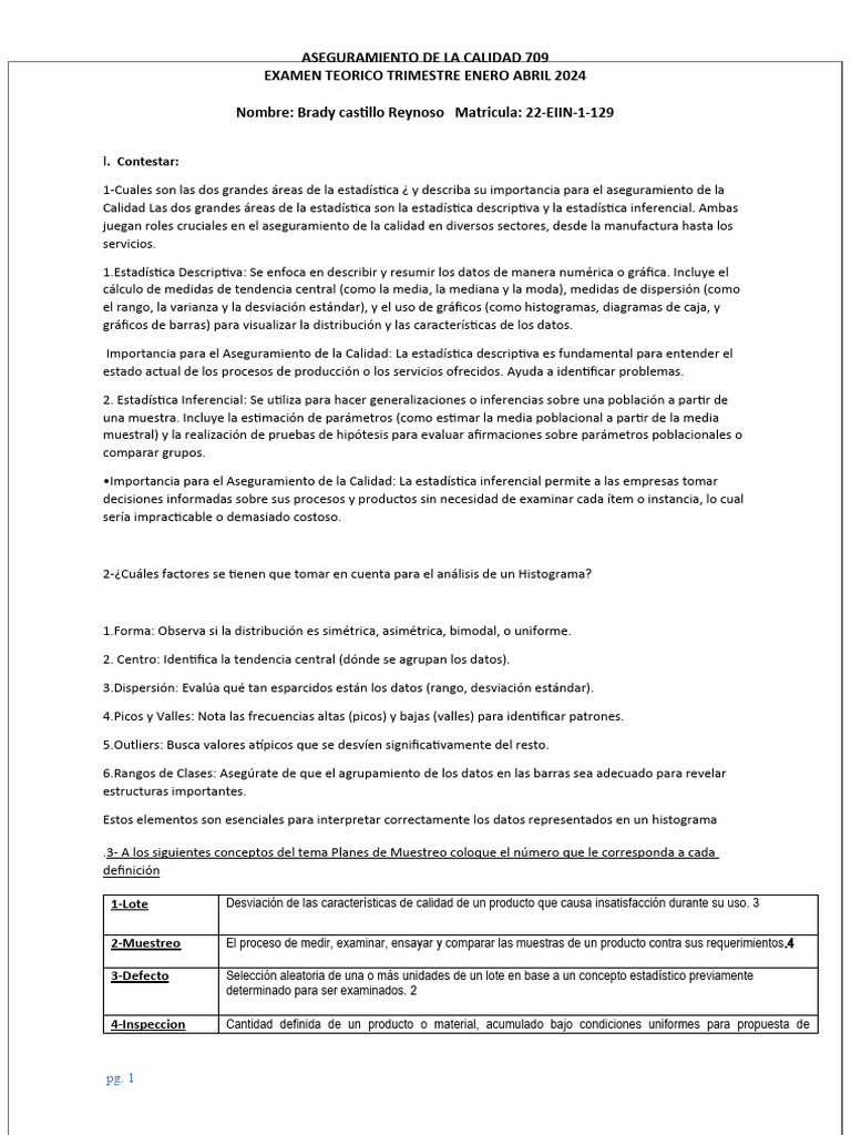 Examen de Calidad y Estadística | PDF | Estadísticas descriptivas ...