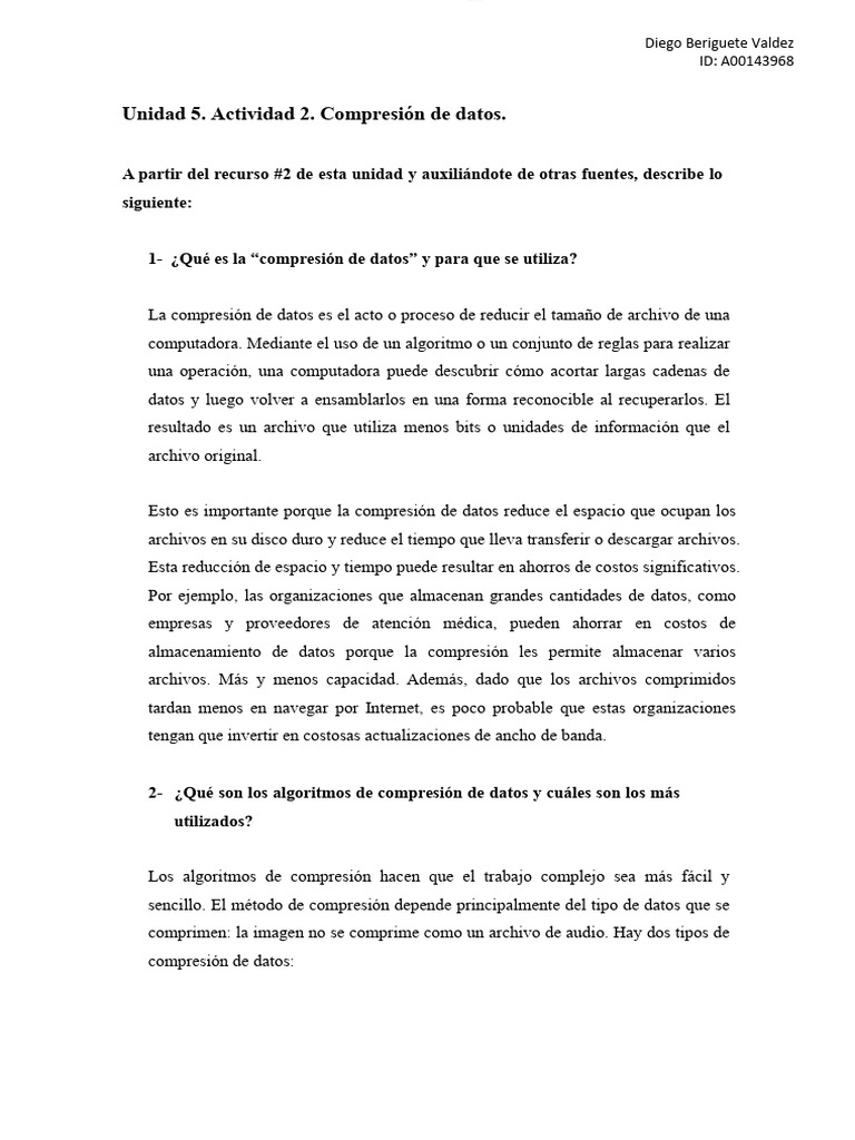 Unidad 5. Actividad 2. Compresión de Datos. | PDF | Compresión de datos ...