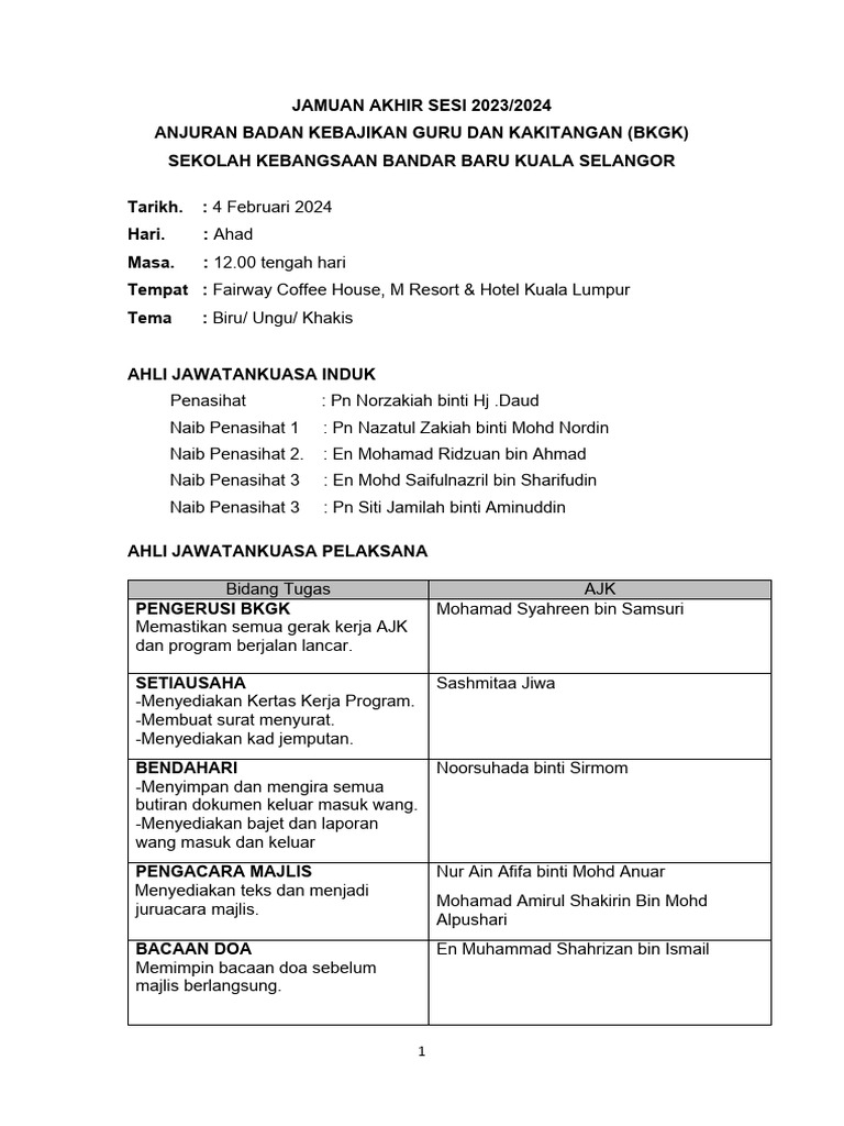 Ajk & Tentatif Jamuan Akhir BKGK 2024 | PDF