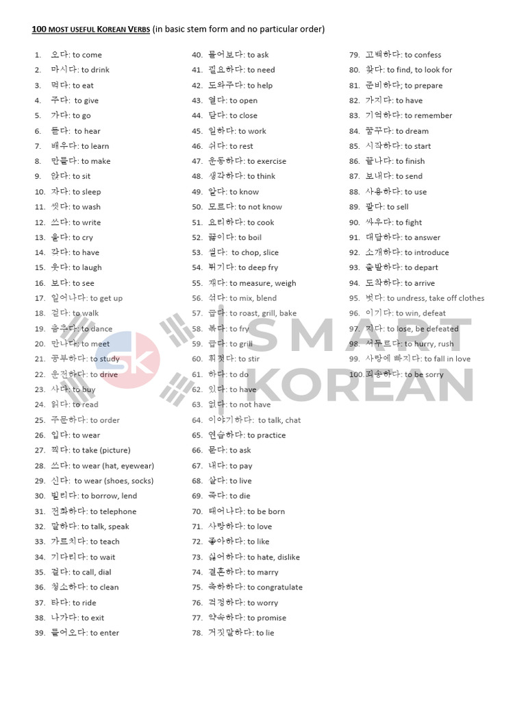 Most Useful 100 Korean Verbs Smart Korean | PDF