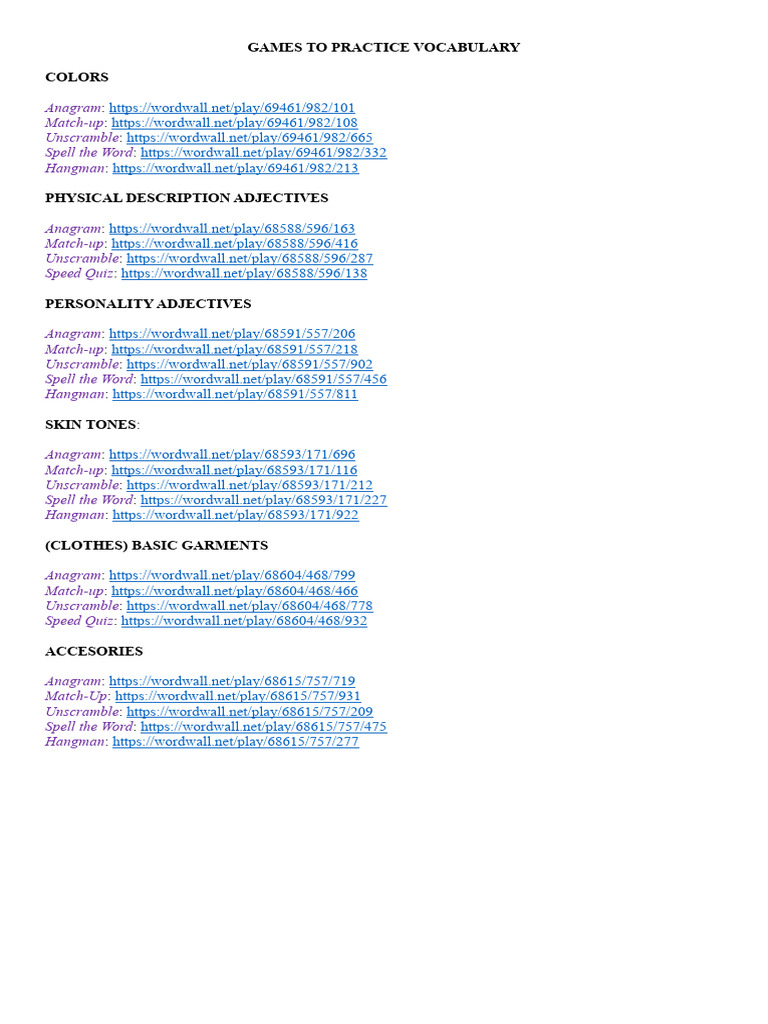 Games To Practice Vocabulary Colors | PDF
