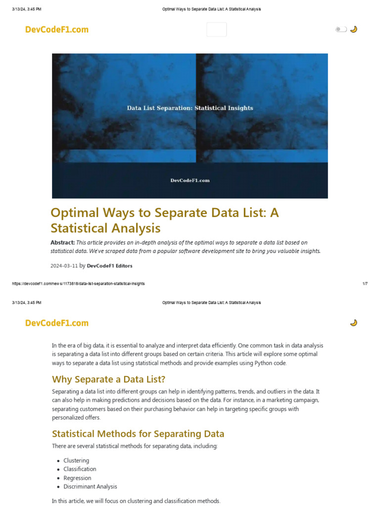 Optimal Ways To Separate Data List - A Statistical Analysis | PDF | Data | Cluster Analysis