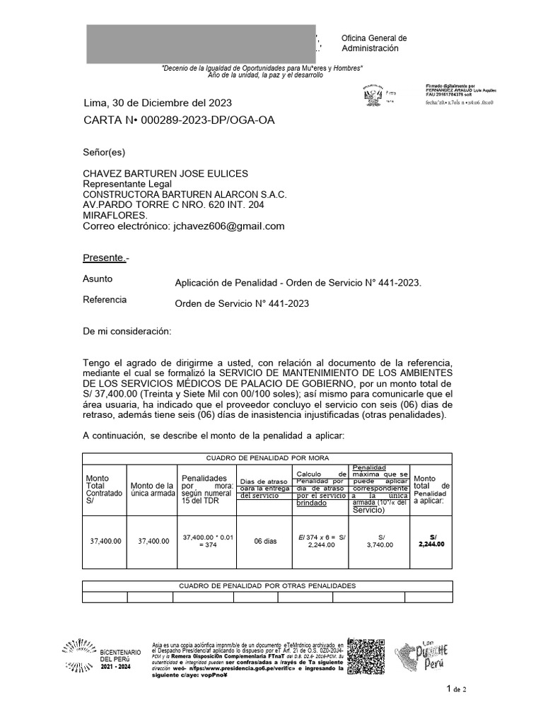 Carta Nâ° 000289-2023-Dp-Oga-Oa | PDF