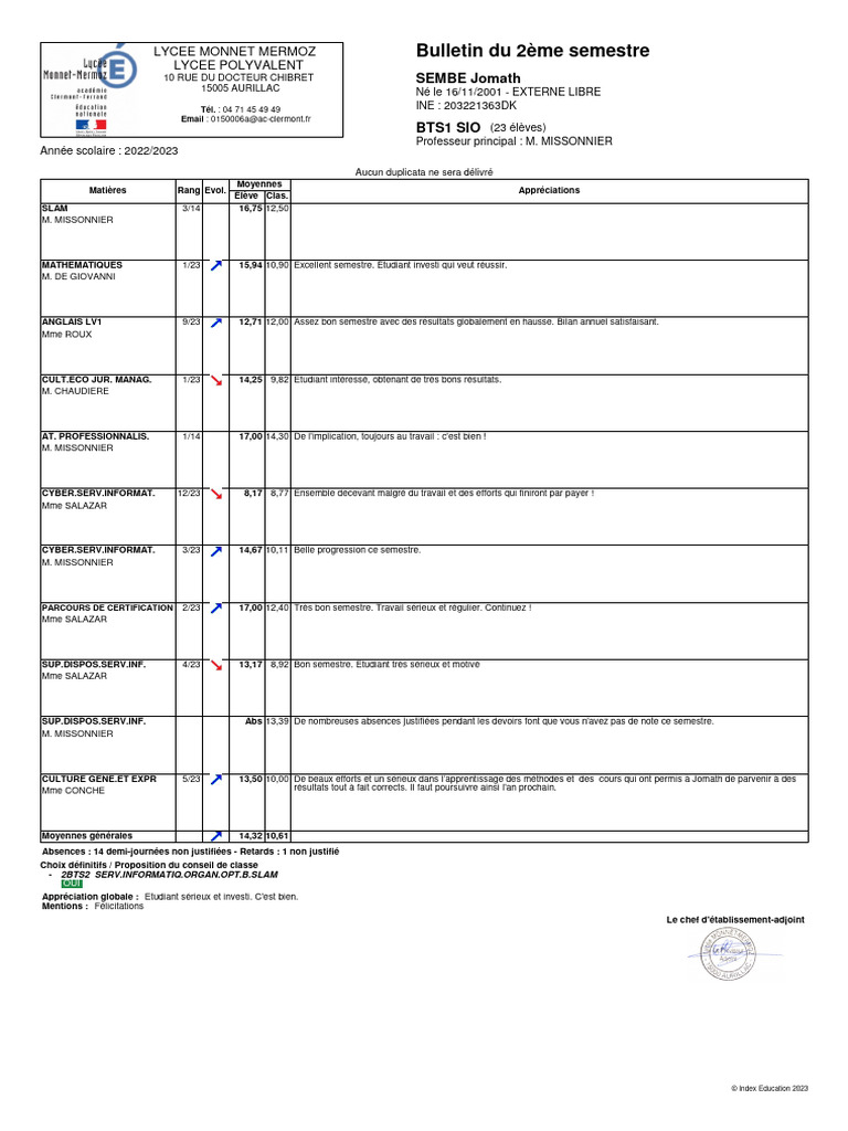 Bulletin de SEMBE Jomath - Semestre 2, 2022-2023 | PDF | Écoles