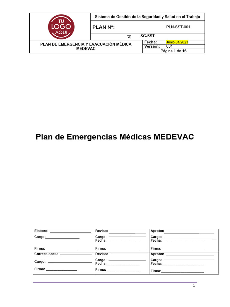 Plan de Emergencia y Evacuación Médica Medevac | Descargar gratis PDF | Hospital | Primeros auxilios