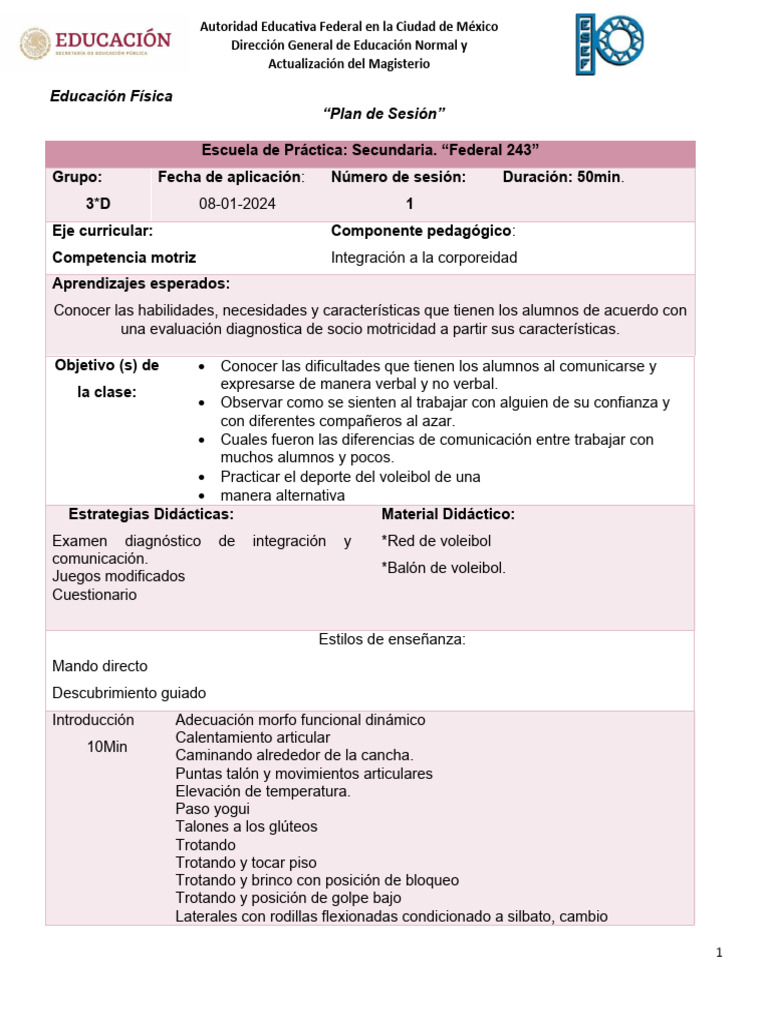 Plan de Sesión de Educación Física Secundaria | PDF | Vóleibol | Evaluación