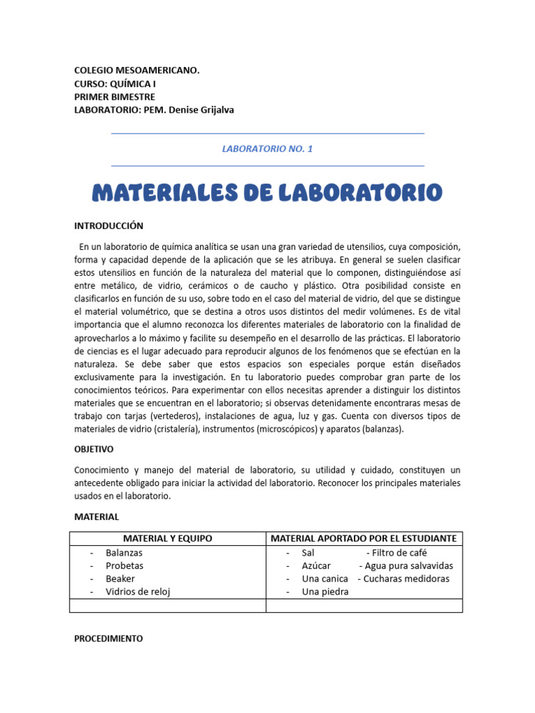 Laboratorio No. 1 Material de Laboratorio | PDF | Laboratorios | Densidad