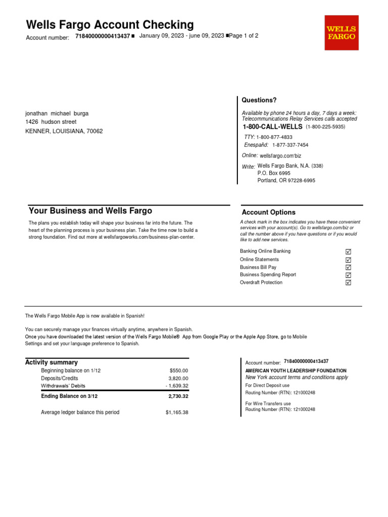 Wells-Fargo-Bank-Statement 1 | PDF | Overdraft | Banks