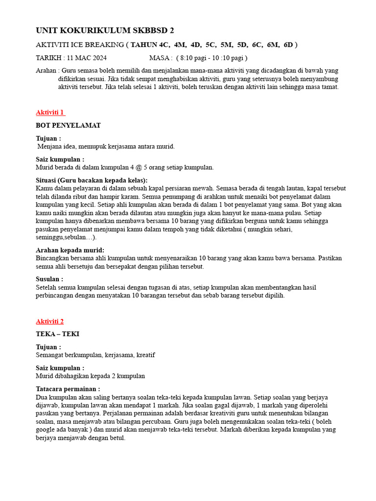 Aktiviti Ice Breaking Tahap 2 | PDF