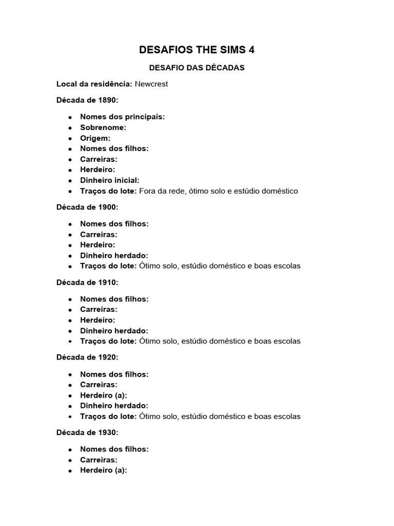 Desafios The Sims 4 | PDF