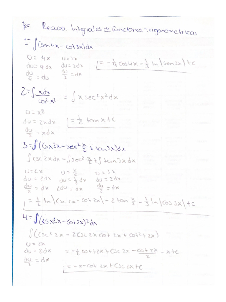 Repaso Integrales Funciones Trigonometricas | PDF