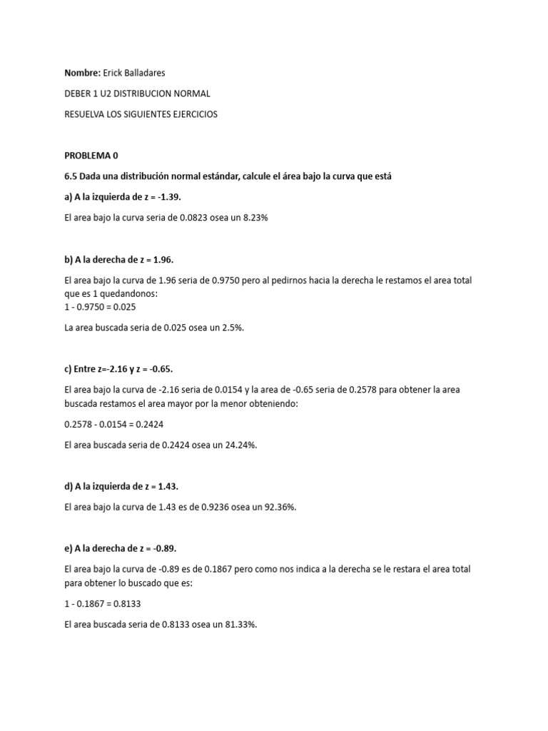 Deber 1 U2 Distribucion Normal | PDF | Teoría estadística | Estadísticas