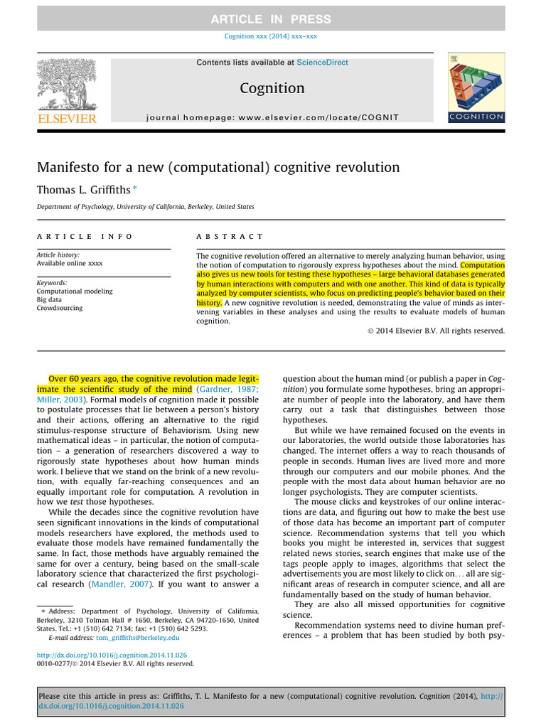 Cognition: Thomas L. Griffiths | PDF | Cognitive Science | Psychology
