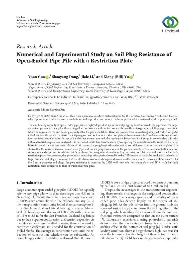 Numerical and Experimental Study on Soil Plug Resistance of Open Ended ...