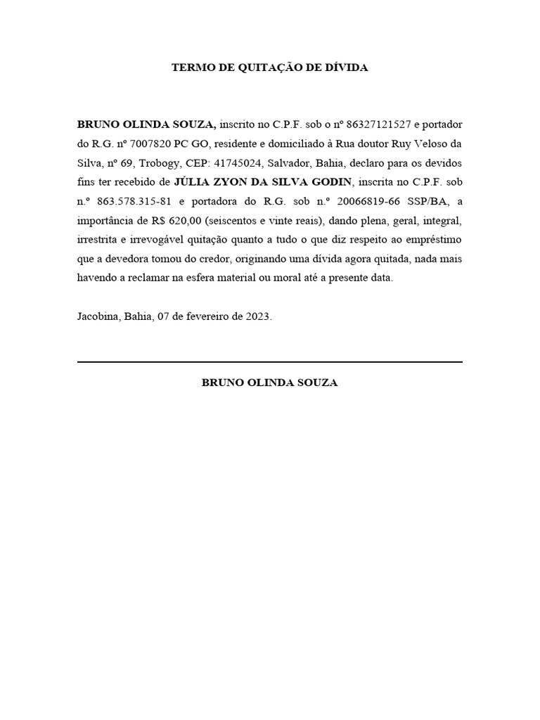 Modelo Declaração de Quitação | PDF Modelo Declaração de Quitação | PDF